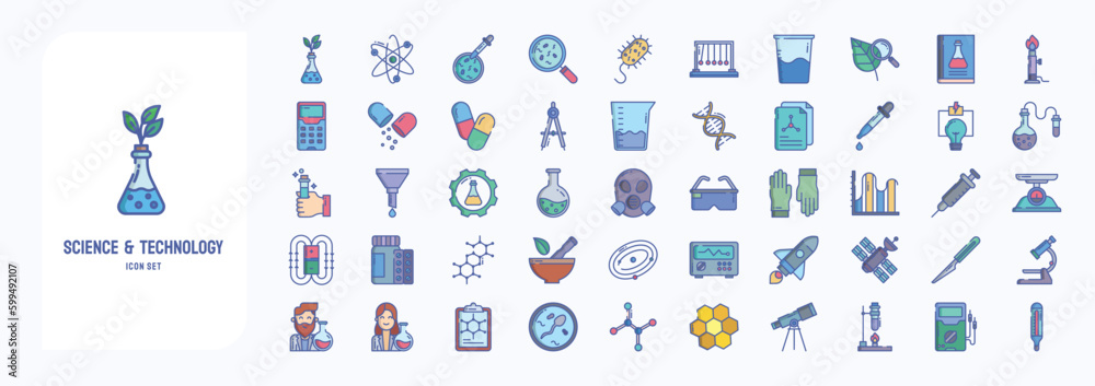 A collection sheet of linear color icons for Science and technology ...