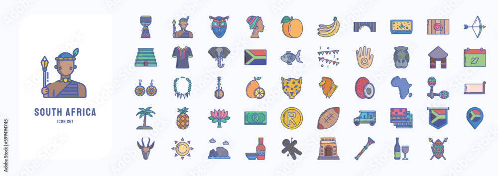 A Collection Sheet Of Linear Color Icons For South Africa Including Icons Like African Man