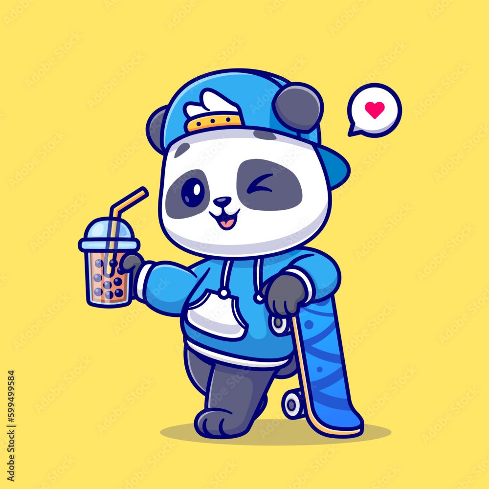 Cute Panda Drink Boba Milk Tea With Skateboard Cartoon Vector Icon ...