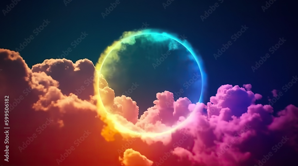 3d render, abstract cloud illuminated with neon light ring on dark ...