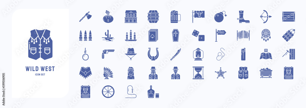 A collection sheet of solid icons for Wild west and cowboy, including ...
