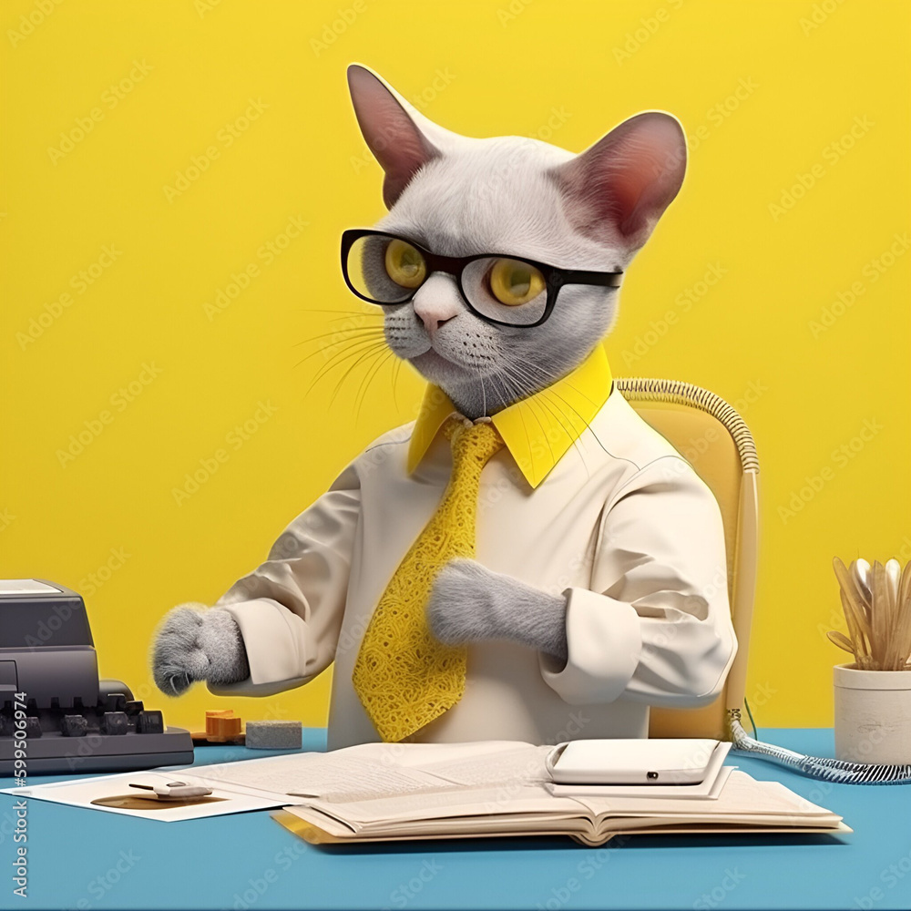 Cute cat office worker at the desk is doing paperwork. AI generated ...