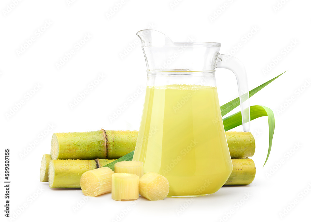 Fresh squeezed sugar cane juice with fresh cane sliced isolated on ...