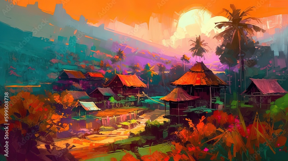 Photo & Art Print illustration of Southeast Asian countryside village ...