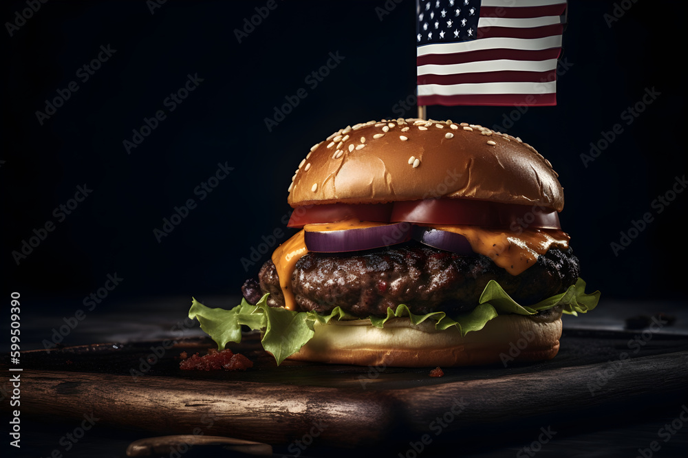 Burger on Independence Day in the USA on a dark background and a flag ...