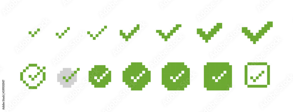 Pixel ok check icon, vector 8 bit pixel art symbol. 8-bit pixelated ok ...