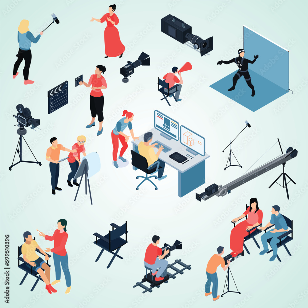 isometric cinema production cinematography set with isolated icons ...