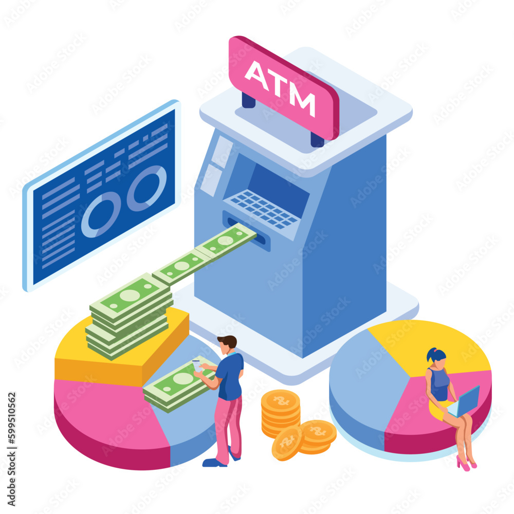 Financial, withdrawal cash. Human queue at atm, web cashbox, machine ...
