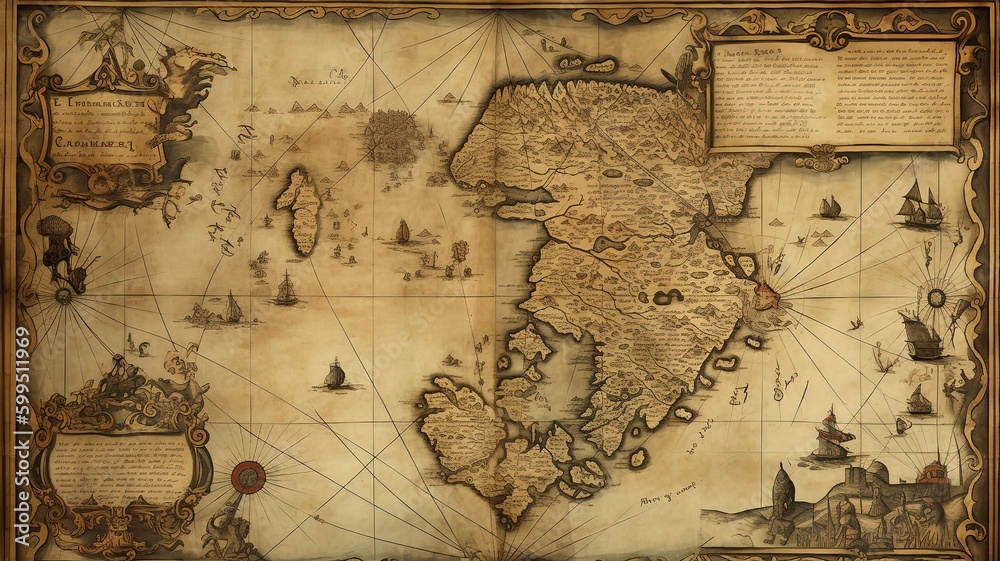 Vintage old aged map on an old antique parchment. Generative AI. Stock ...