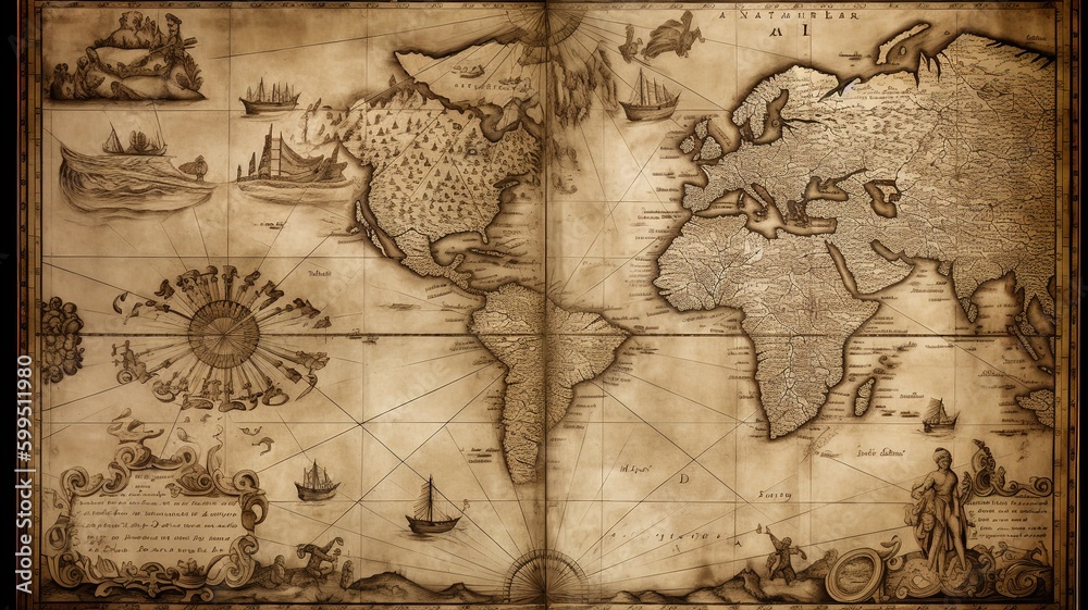 Vintage old aged map on an old antique parchment. Generative AI. Stock ...