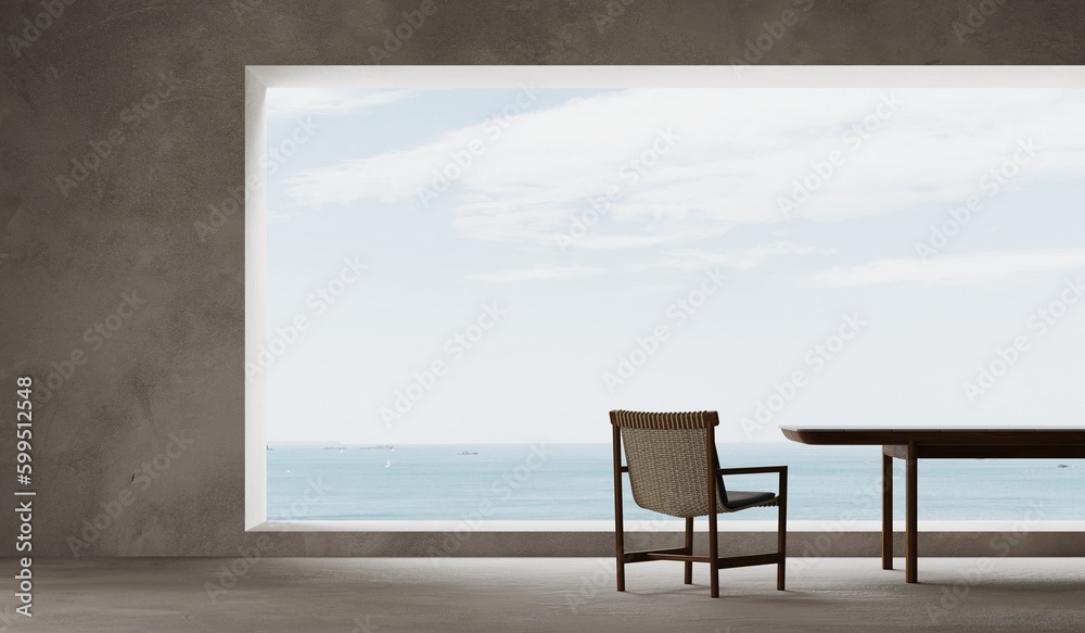 Empty spase, concrete terrace with panoramic ocean view and a chair ...