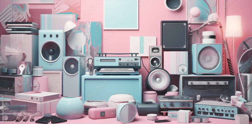audio music objects wall pattern on pink nuances graffiti style, banner ...