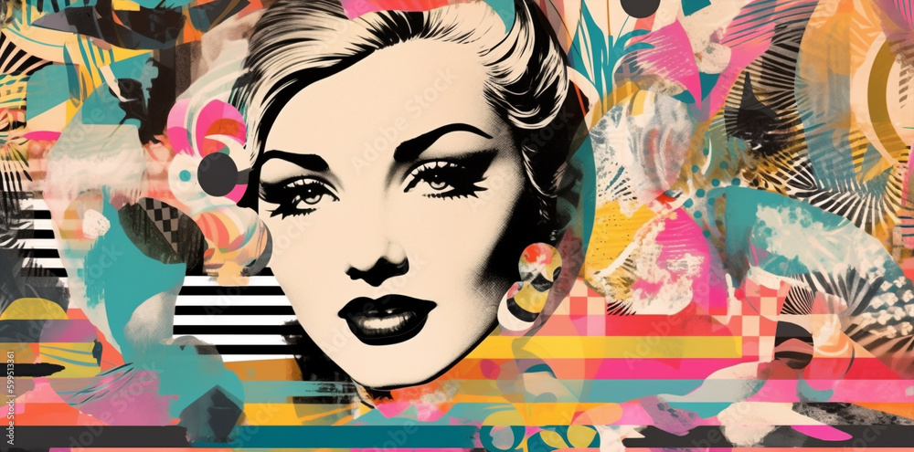 collage pop art portrait of a beautiful woman, posterbanner size ...