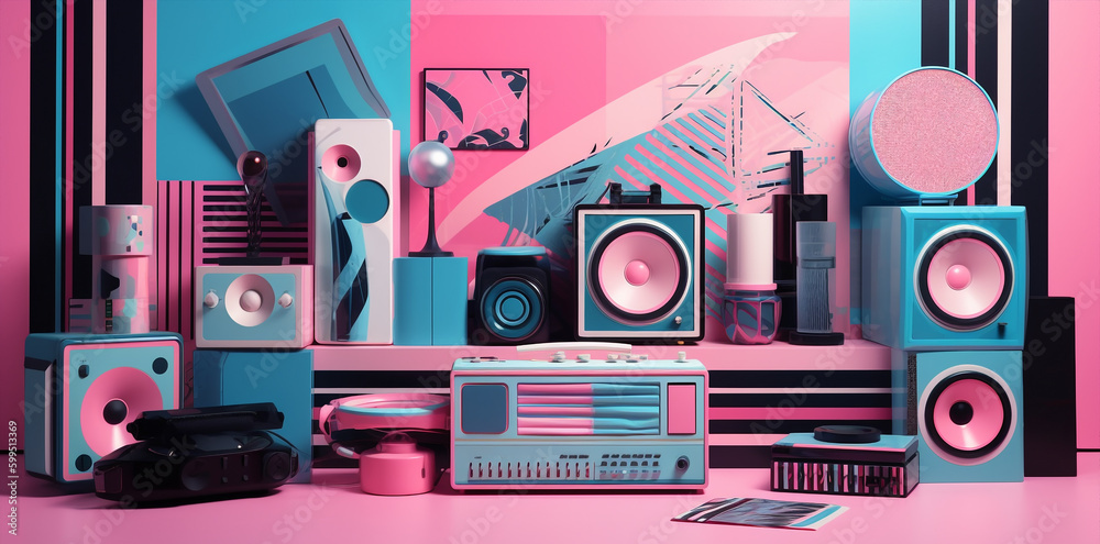 audio music objects wall pattern on pink nuances graffiti style, banner ...