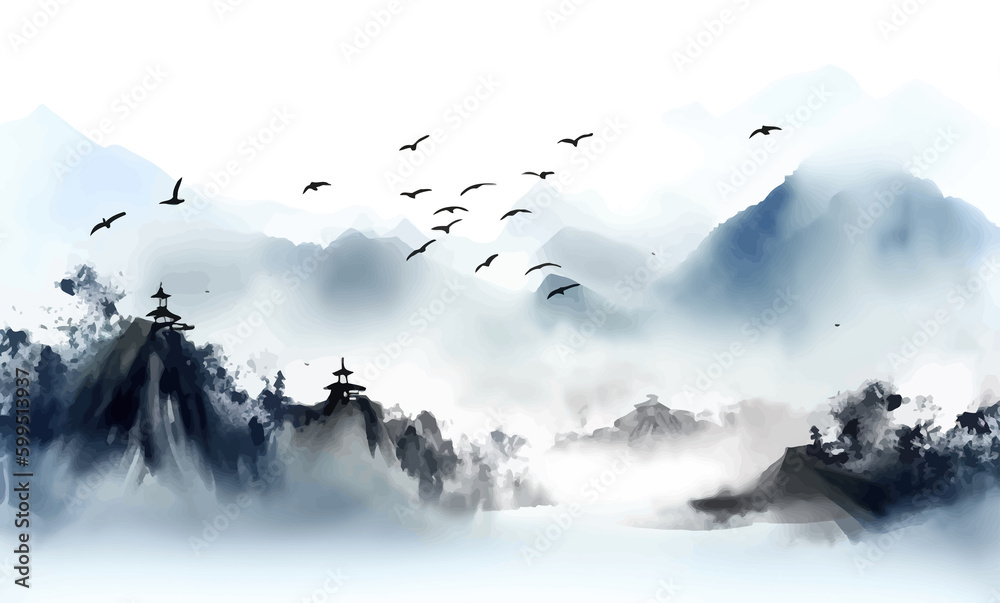 Stylized black ink wash painting of mountains. in traditional oriental ...