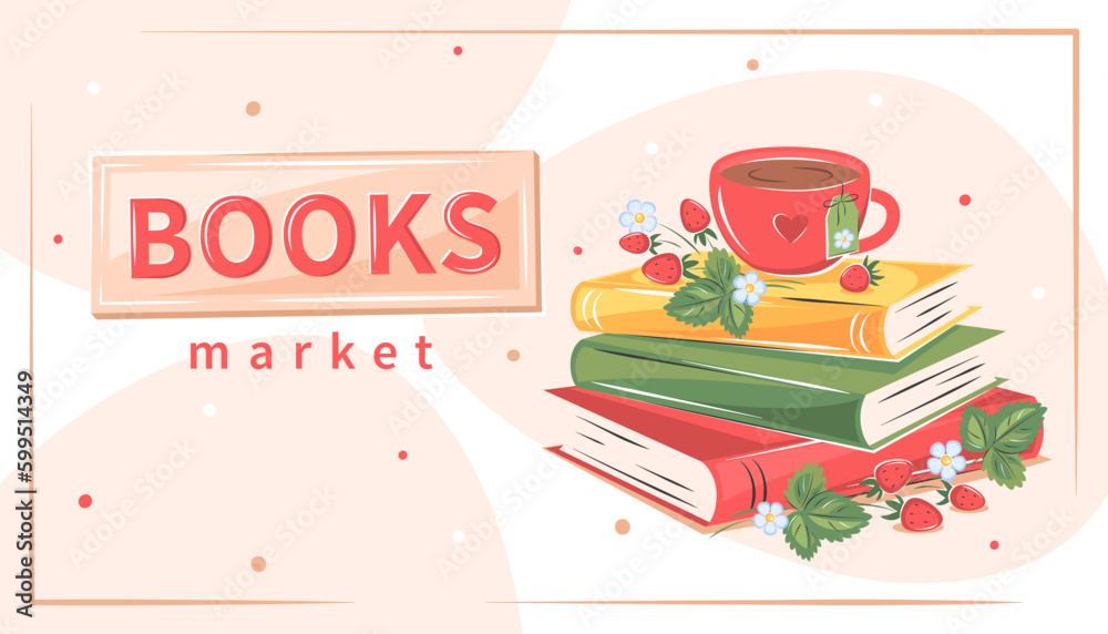 Book market. Layout design for bookstore, library. Books with flowers ...