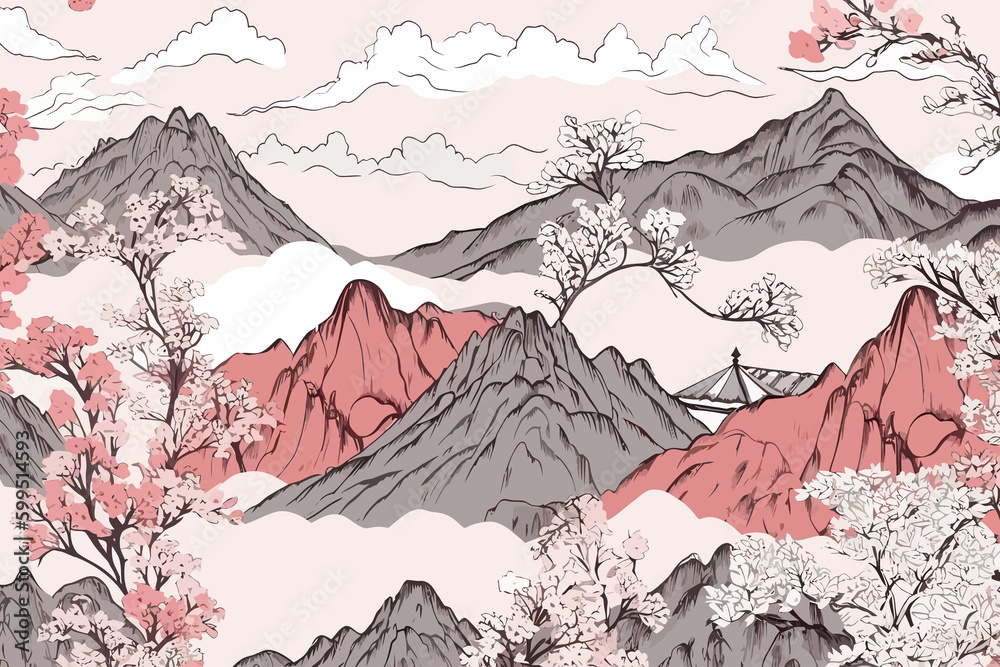 Stylized black ink wash painting of mountains. in traditional oriental ...