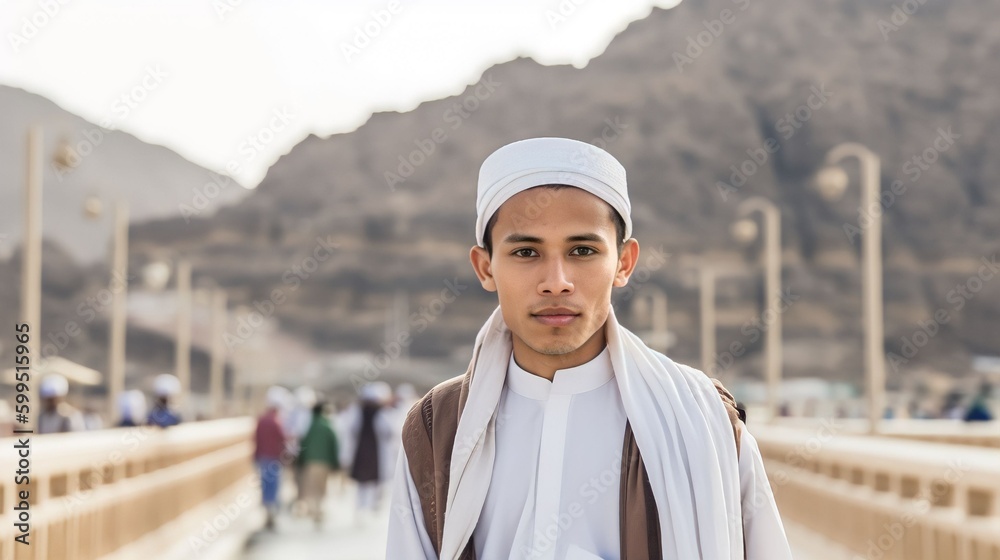 portrait A asian young handsome man pilgrim walking on the bridge over ...