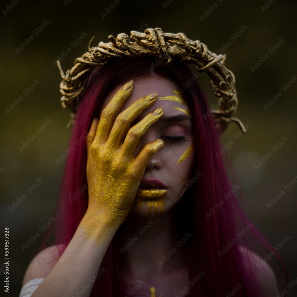 Surrealism theme: a girl with pink hair in a white dress in the forest ...