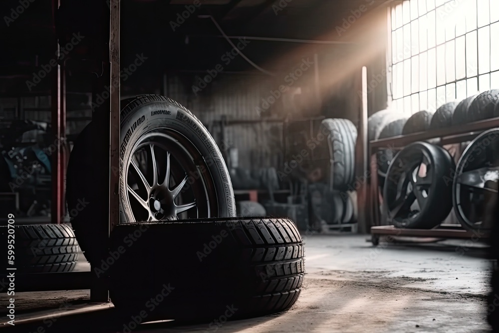 Mechanic service is changing new tires and wheels. on the garage ...