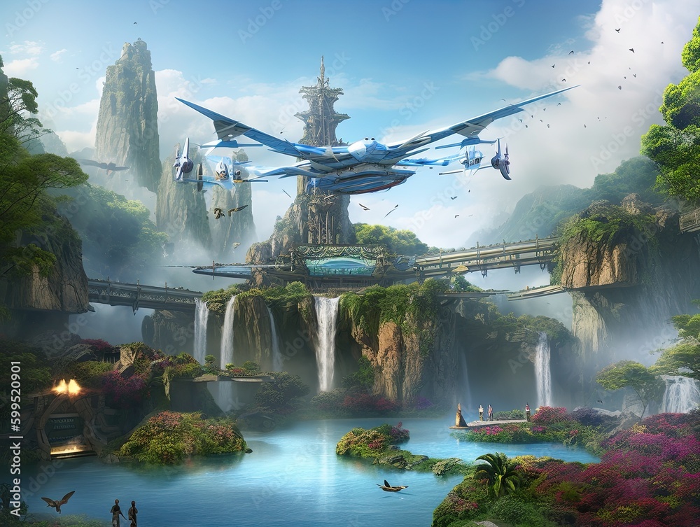 Fantasy islands with waterfalls and jet ships flying, future magical ...
