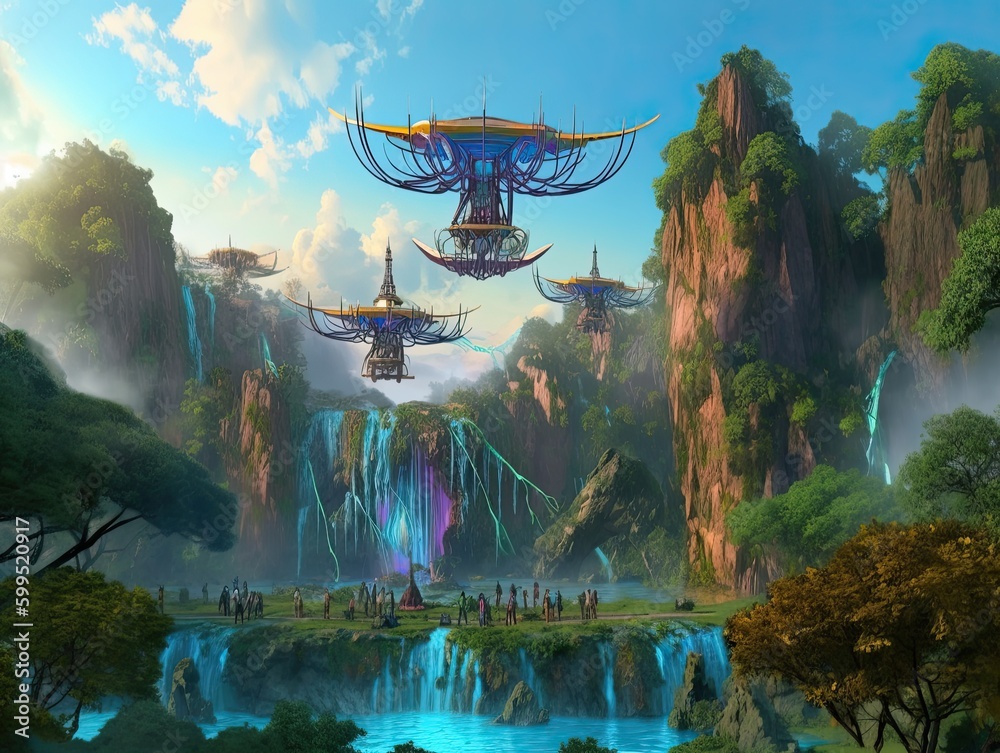 Magical and glowing fantasy island landscape with waterfalls and ...