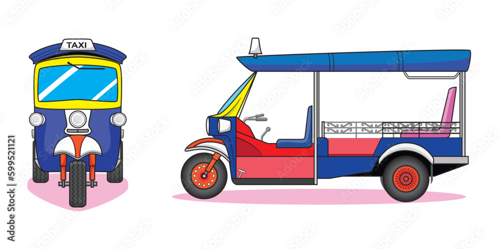 Front and side view of Tuk Tuk Thailand 3 wheels taxi drawing in ...