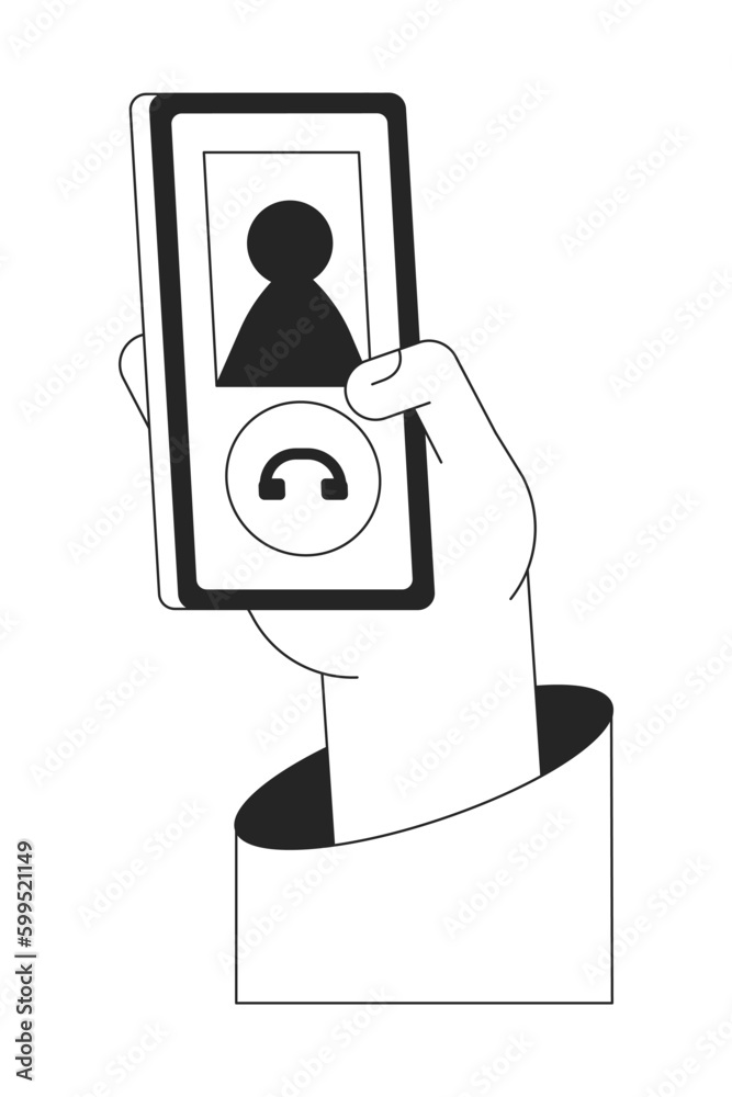 Hang up phone call bw vector spot illustration. Tap on decline button ...