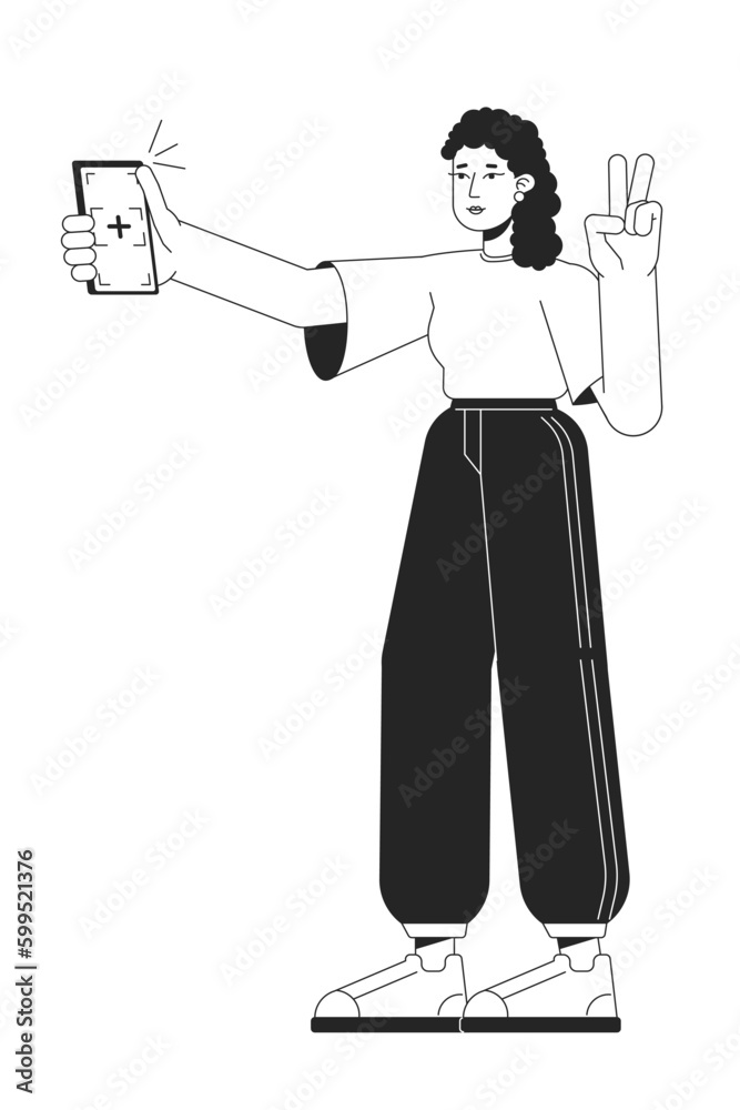 Vecteur Stock Millennial Girl Taking Selfie Full Body Bw Vector Spot