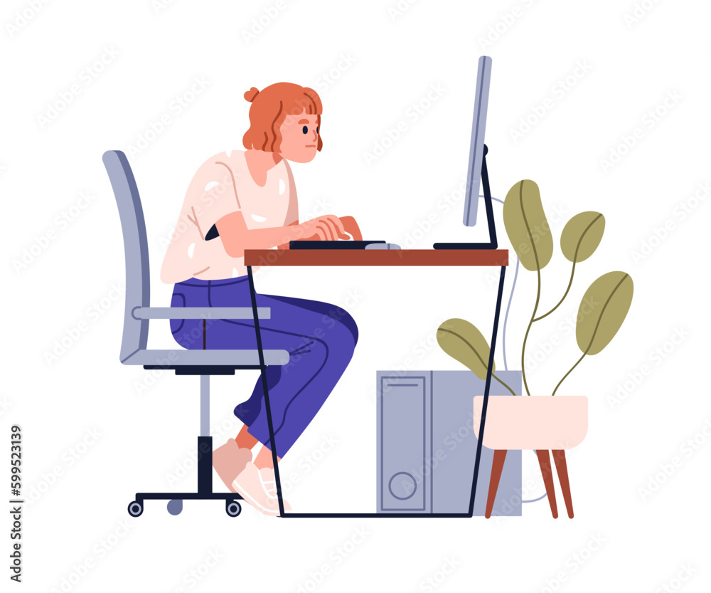 Woman with hunched back, sitting at computer desk. Person at desktop PC ...