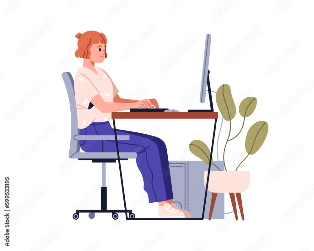 Person sitting at computer desk. Woman with correct back posture on ...