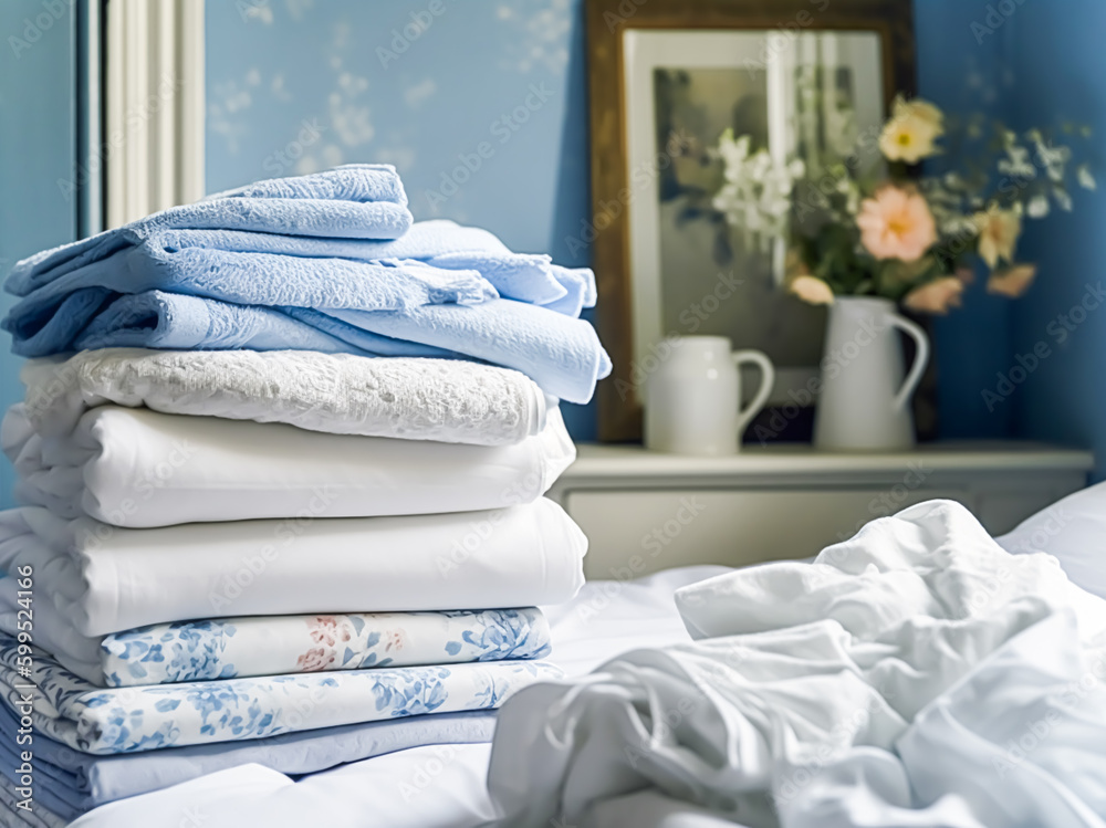 Folded clean clothes after laundry in the English country style house ...