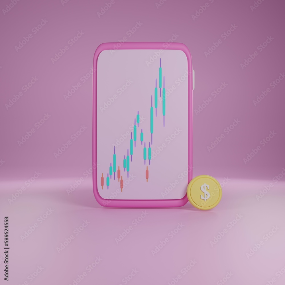 3D trading graph makes money online in smartphones on a purple ...