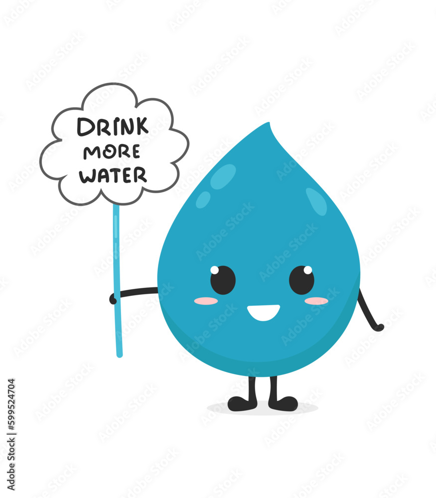 Cute smiling happy water drop. Drink more water.Isolated on a white ...