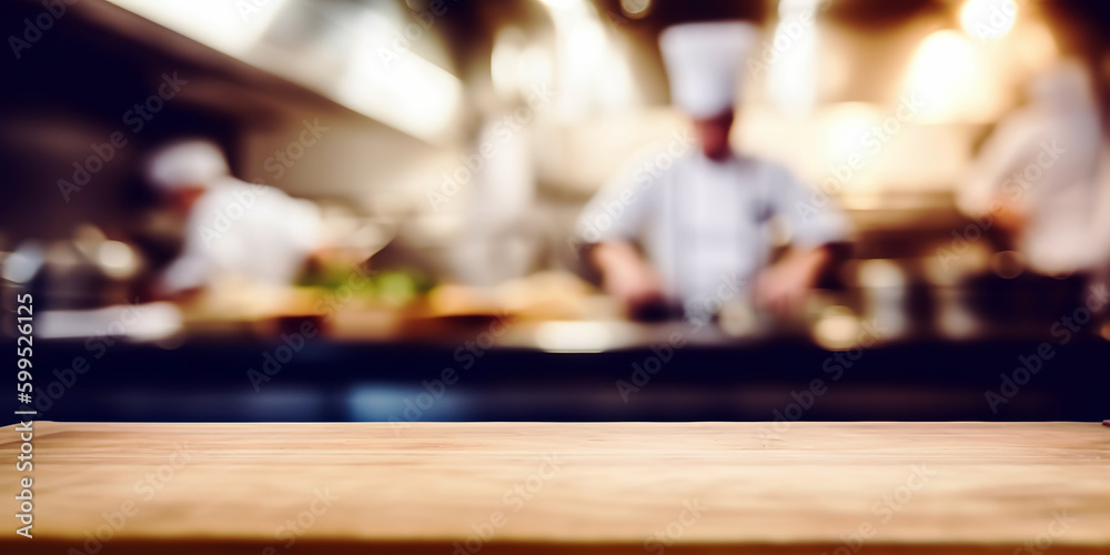 Empty Wood table top with Chef cooking in restaurant kitchen blurred ...