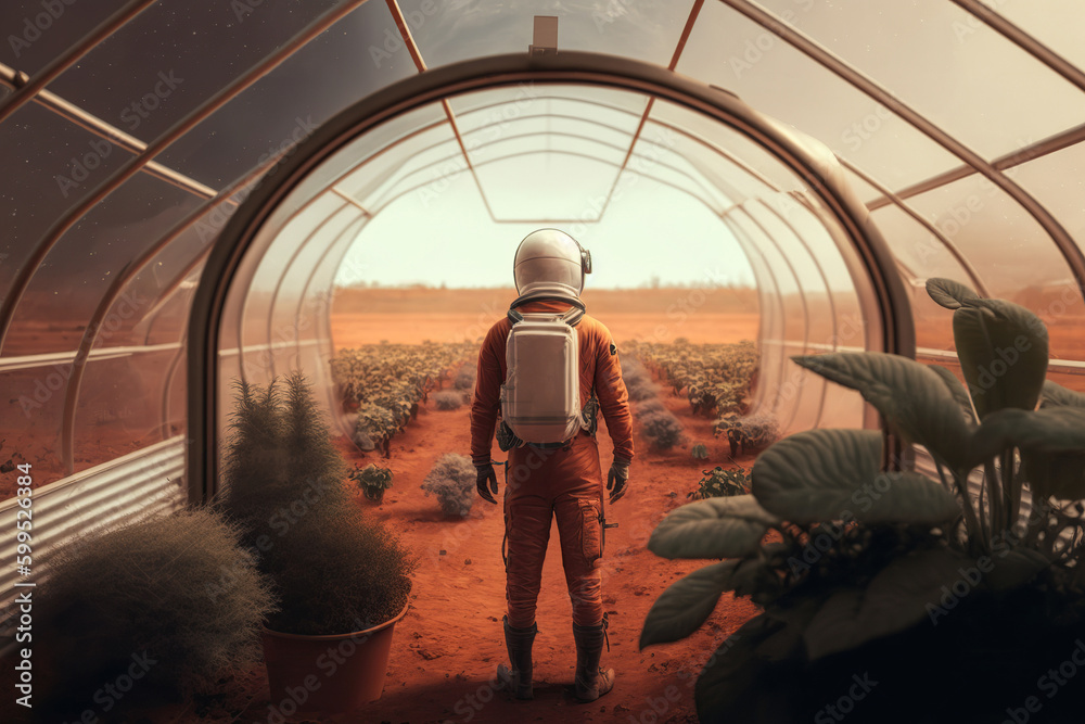Astronaut growing plant in greenhouse on Mars, futuristic fantasy image ...