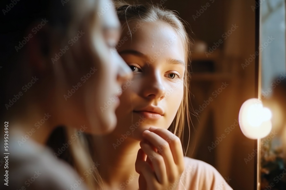 Teenage girl applying makeup in her room, embracing self-confidence ...