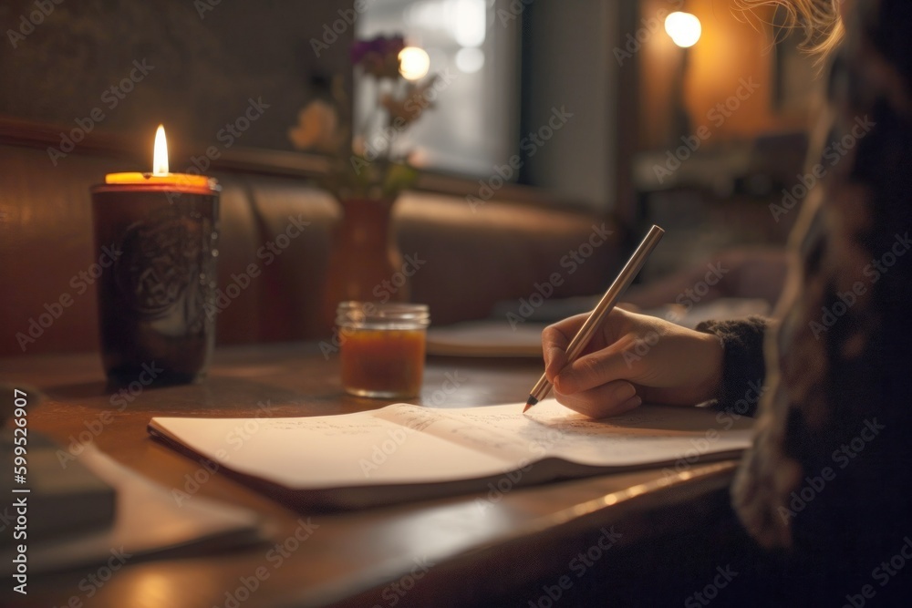 Young woman journaling in a cafe by candlelight, recording the day's ...