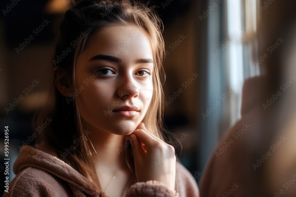 Teenage girl applying makeup in her room, embracing self-confidence ...