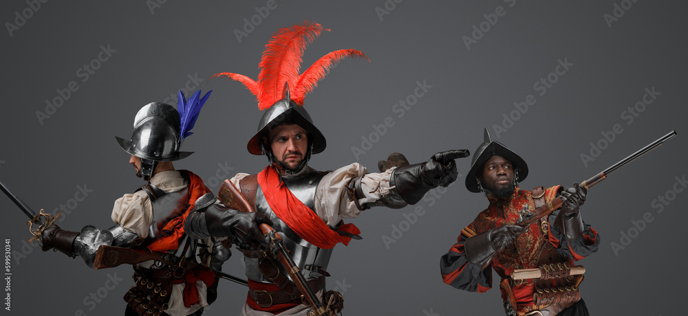 Portrait of conquistadors with steel armor and plumed helemt holding ...