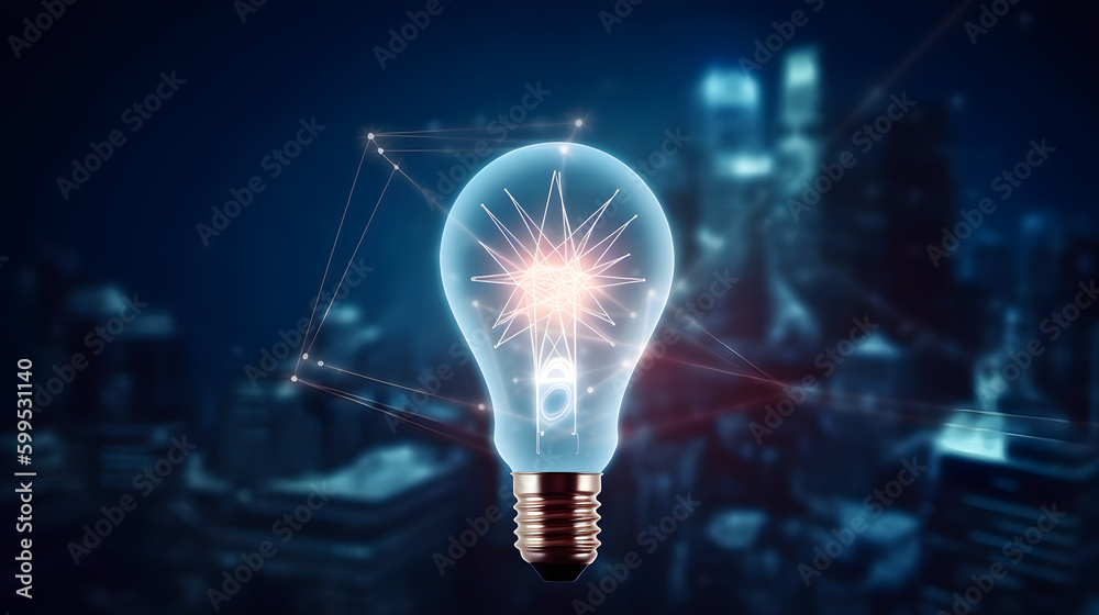 A light bulb illuminated above a polygon on a dark blue background ...