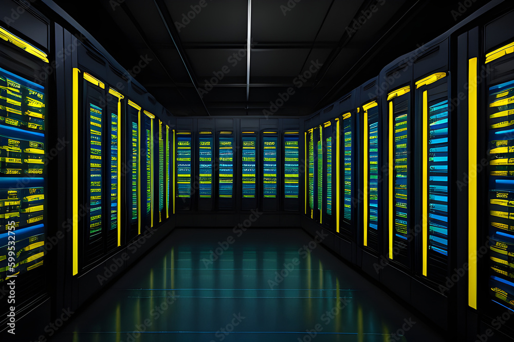 server room with blue and yellow lights, created by generative AI Stock ...