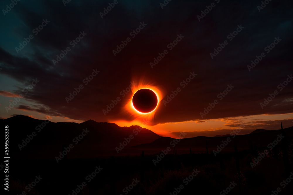 total solar eclipse in dark sky above mountains, mysterious natural ...