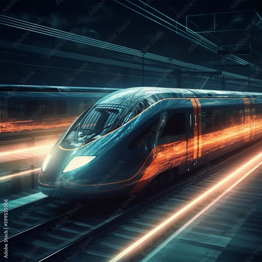 Fast modern express passenger train on high speed railway moving from ...