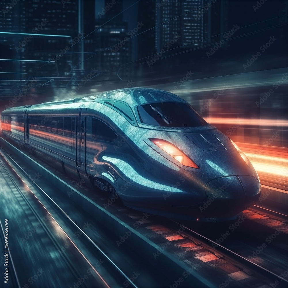 High-speed train in the city at night. Futuristic technology, hi tech ...