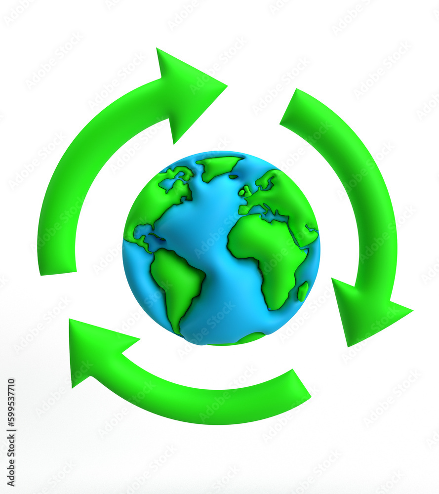 Green color recycle direction arrow circle round earth world global map ...
