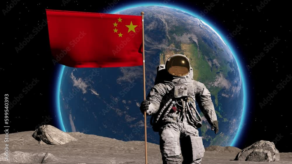 Astronaut walks on the moon with chinese flag, sticks it into the lunar ...