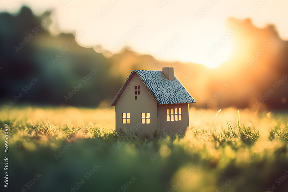 Life and Home Concept: Miniature Model House on Green Grass with ...