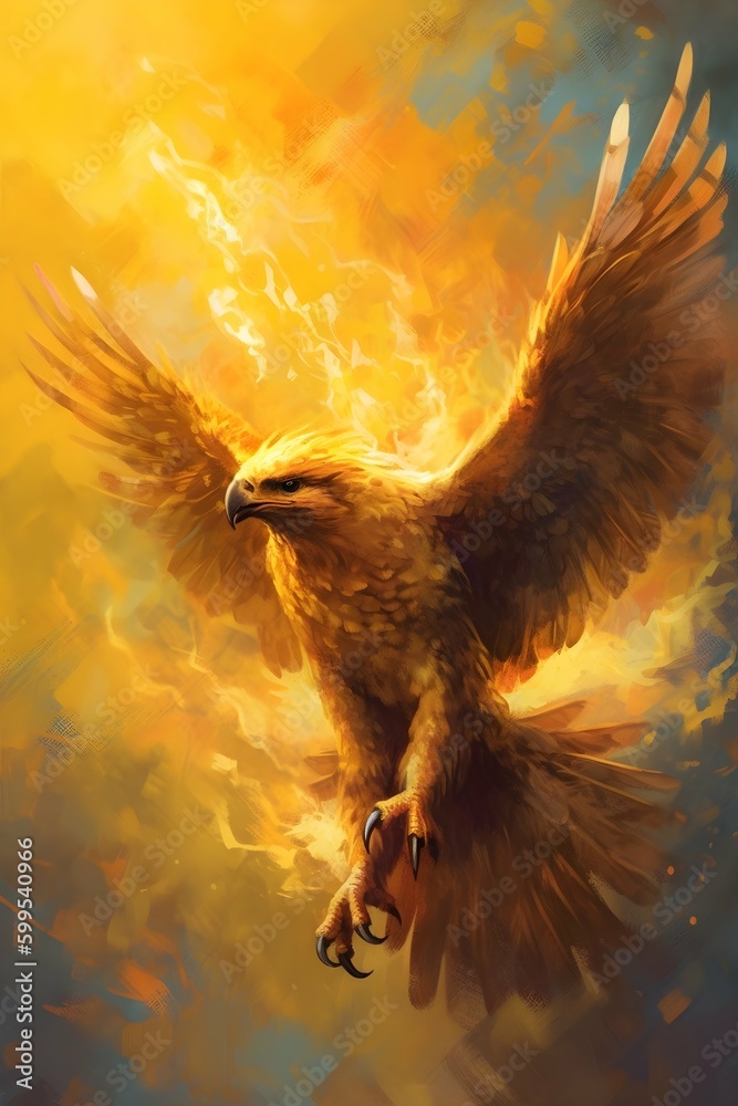 phoenix flying: full body portrait digital brush painting of a yellow ...