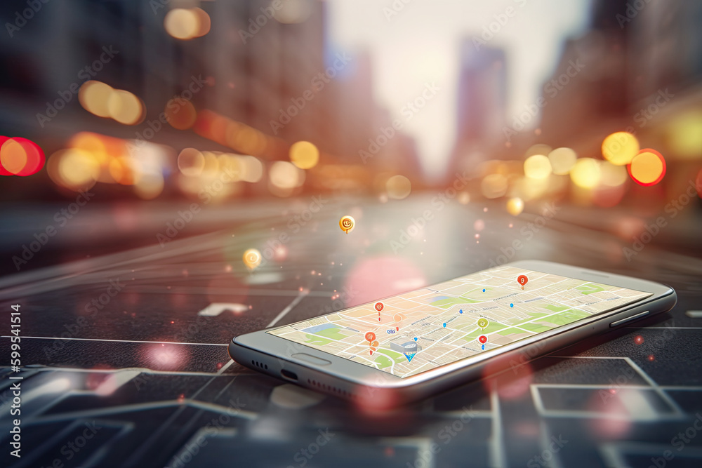 Smartphone map application on screen on blur street bokeh abstract ...